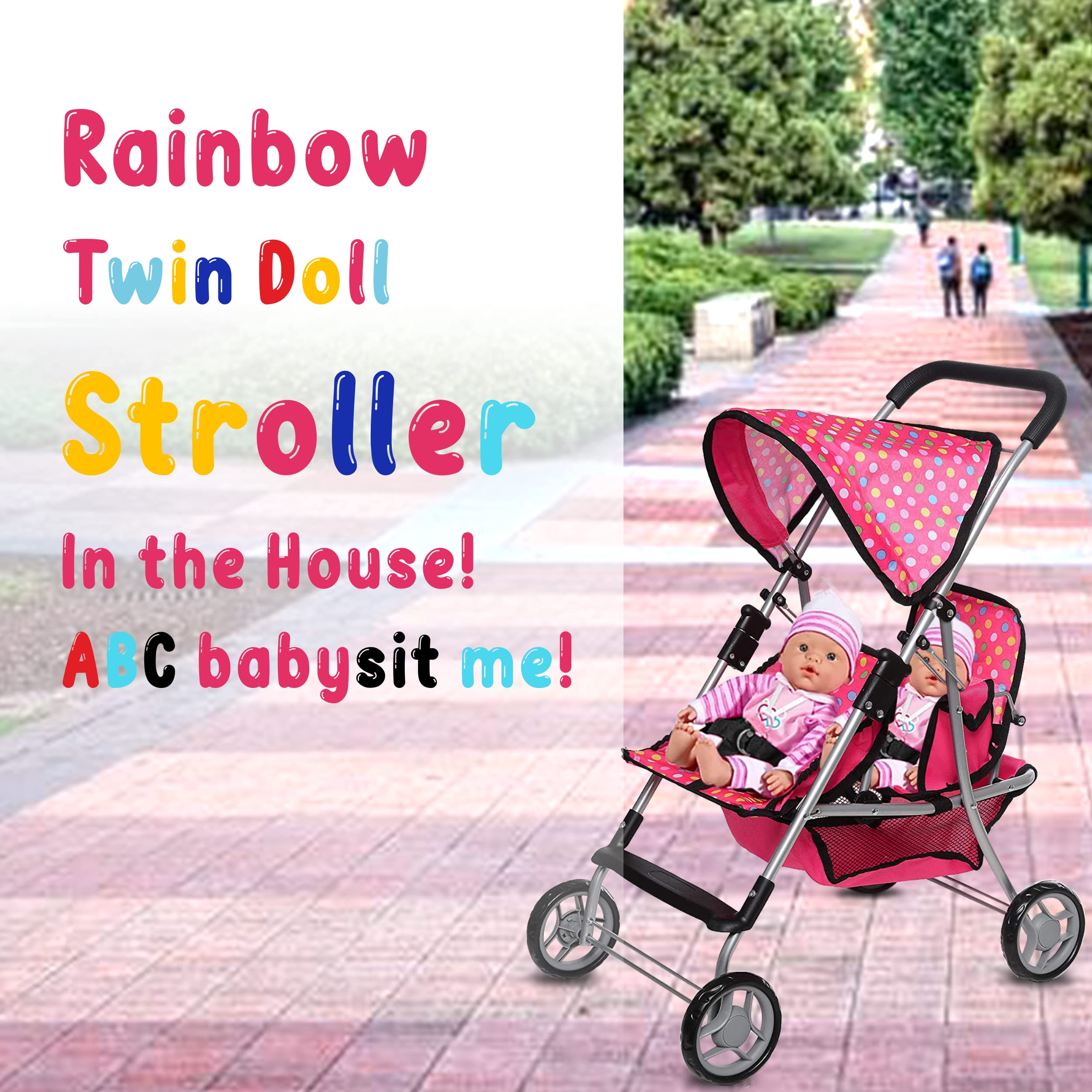 Twin Baby Doll Stroller - Pretend Play Baby Stroller for Dolls - Toy Stroller with Storage Basket for Baby Doll Accessories Set - Polka Dot Design Baby Stroller Toy for Kids - Folds Easily