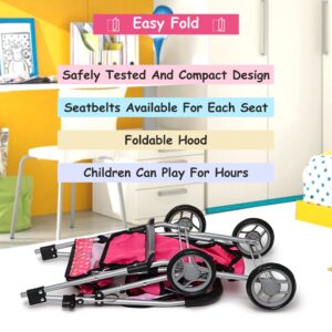 Twin Baby Doll Stroller - Pretend Play Baby Stroller for Dolls - Toy Stroller with Storage Basket for Baby Doll Accessories Set - Polka Dot Design Baby Stroller Toy for Kids - Folds Easily