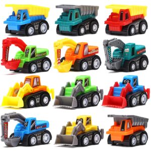 12-piece mini truck toy kit - pull back construction vehicles for kids, great party favors, birthday gifts, classroom rewards, and stocking stuffers