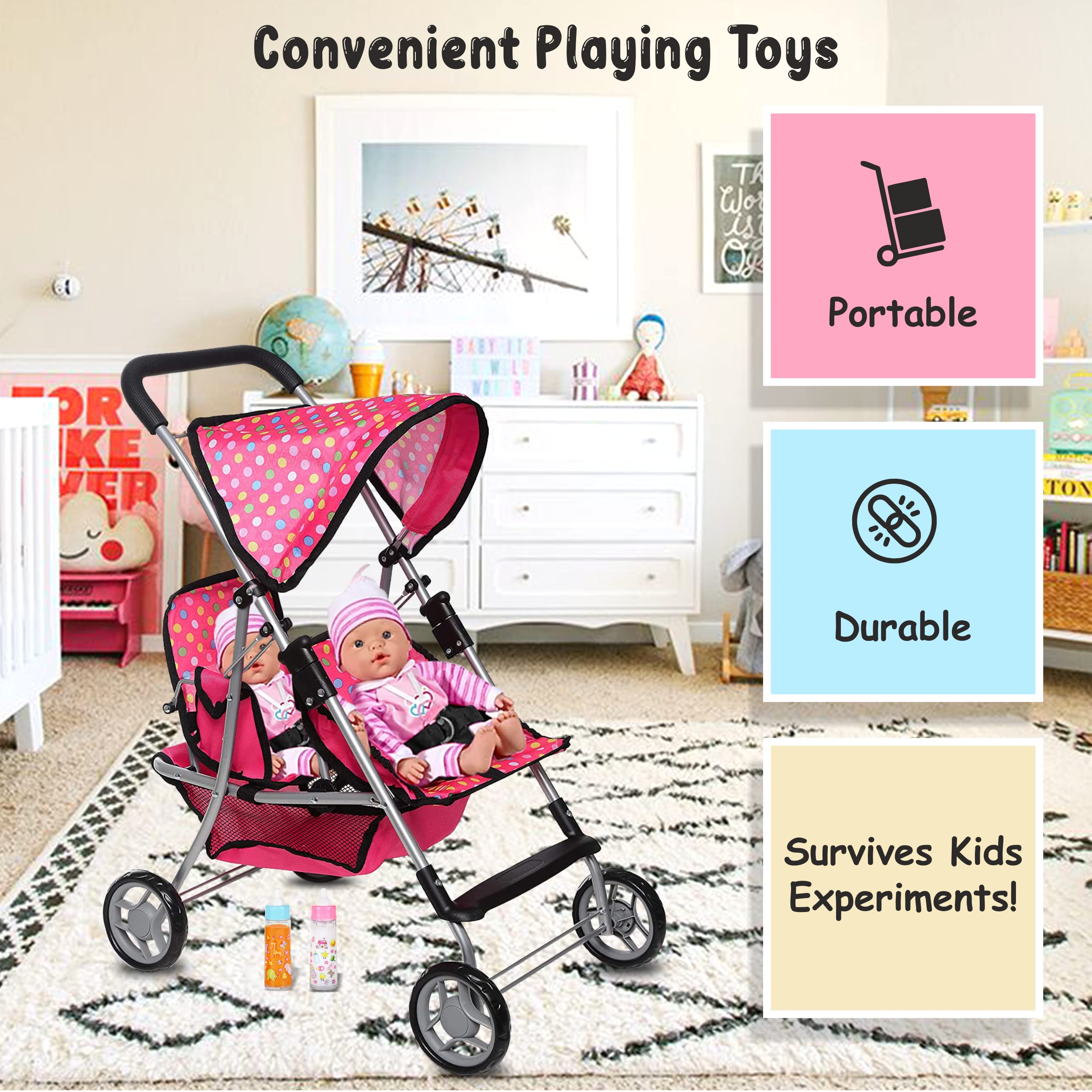 Twin Baby Doll Stroller - Pretend Play Baby Stroller for Dolls - Toy Stroller with Storage Basket for Baby Doll Accessories Set - Polka Dot Design Baby Stroller Toy for Kids - Folds Easily