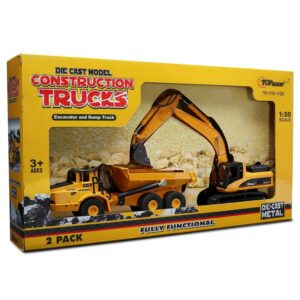 Top Race Construction Toys Set - Metal Excavator Toy, Dump Truck Toy for Kids - Realistic Toy Trucks with Moving Parts for Indoor, Outdoor Play - Durable Construction Vehicles for Boys and Girls