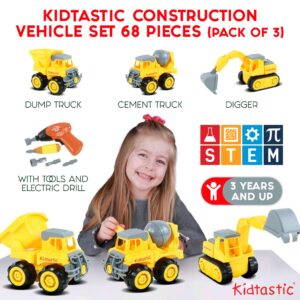 Kidtastic 3 Pack Construction Vehicles Trucks Toys Set, Take Apart STEM Learning Toy with Excavator, Dump Truck, Bulldozer, Tools and Drill Fun Educational Toy for Toddler, Girls and Boys