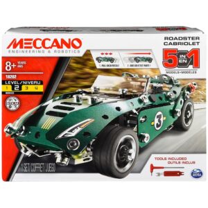 meccano by erector 5 in 1 roadster pull back car building kit, stem engineering education toy for ages 8 and up