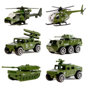 nunkitoy die-cast military vehicles,6 pack assorted alloy metal army vehicle models car toys,mini army toy tank,jeep,panzer,anti-air vehicle,helicopter playset for kids toddlers boys