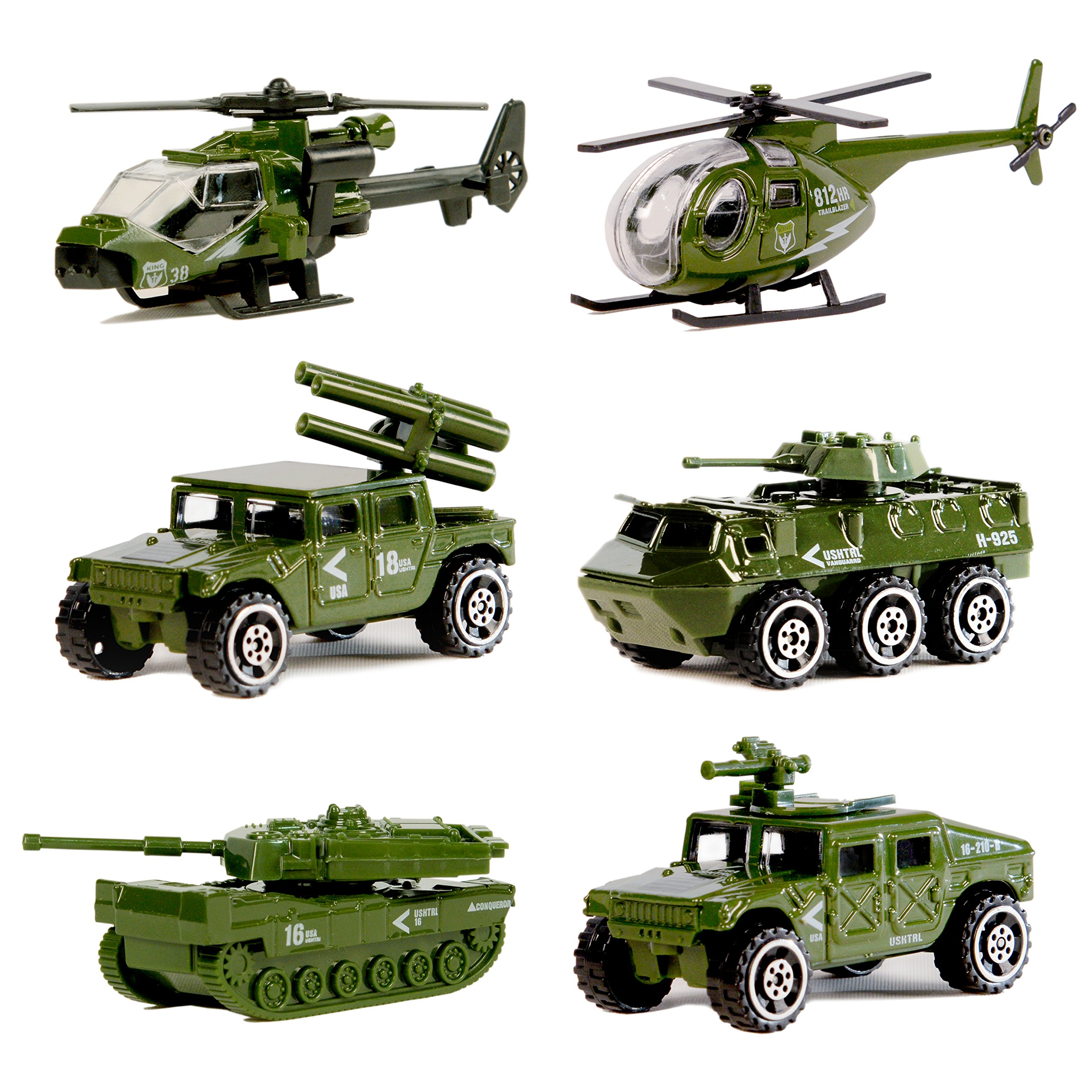 Nunkitoy Die-cast Military Vehicles,6 Pack Assorted Alloy Metal Army Vehicle Models Car Toys,Mini Army Toy Tank,Jeep,Panzer,Anti-Air Vehicle,Helicopter Playset for Kids Toddlers Boys