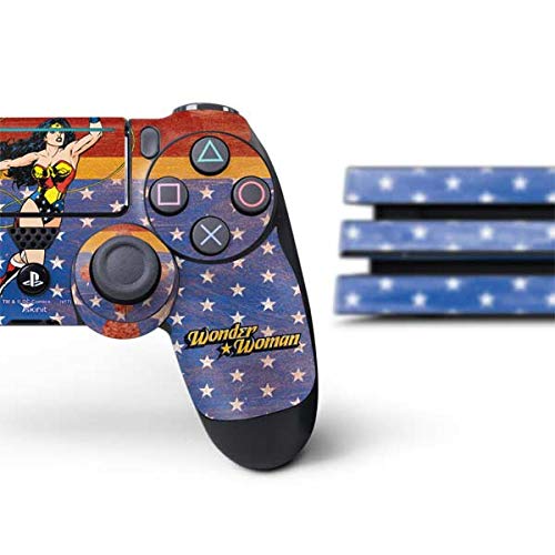 Skinit Decal Gaming Skin Compatible with PS4 Pro Console and Controller Bundle - Officially Licensed Warner Bros Wonder Woman Ready to Fight Design