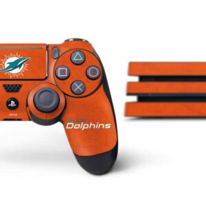 Skinit Decal Gaming Skin Compatible with PS4 Pro Console and Controller Bundle - Officially Licensed NFL Miami Dolphins Distressed- Orange Design