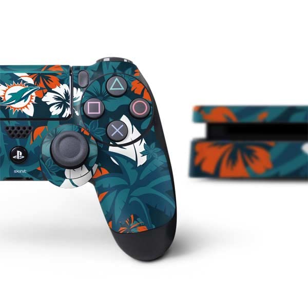 Skinit Decal Gaming Skin Compatible with PS4 Slim Bundle - Officially Licensed NFL Miami Dolphins Tropical Print Design