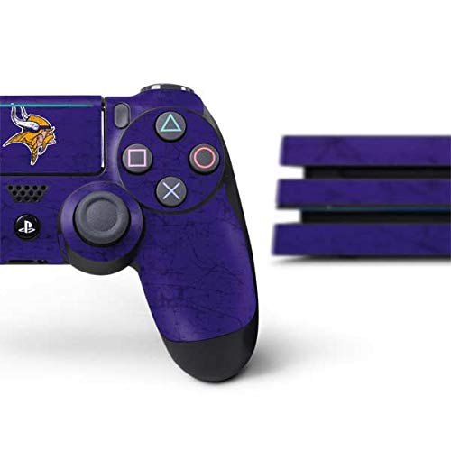 Skinit Decal Gaming Skin Compatible with PS4 Pro Console and Controller Bundle - Officially Licensed NFL Minnesota Vikings Distressed Design