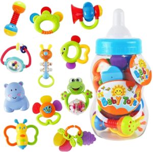 wishtime 11pcs baby rattles teethers for newborn toys, gifts for infants with hand development rattle toys and giant bottle for 0 3 6 9 12 month girl and boy