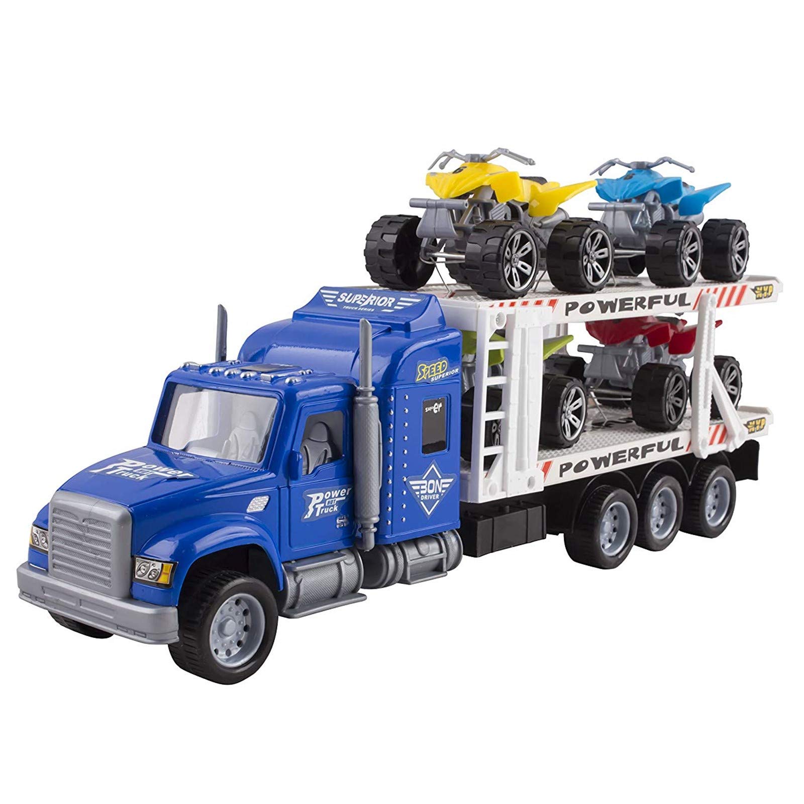 Vokodo Toy Semi Truck Trailer 15" Includes 4 ATVs Friction Carrier Hauler Kids Push And Go Big Rig Auto Transporter Vehicle Semi-Truck Car Pretend Play For Children Boys Girls Toddlers