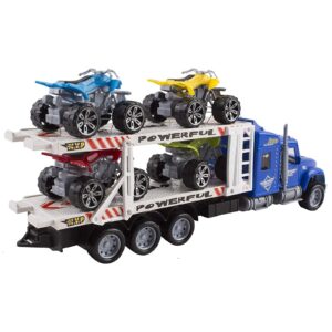 Vokodo Toy Semi Truck Trailer 15" Includes 4 ATVs Friction Carrier Hauler Kids Push And Go Big Rig Auto Transporter Vehicle Semi-Truck Car Pretend Play For Children Boys Girls Toddlers