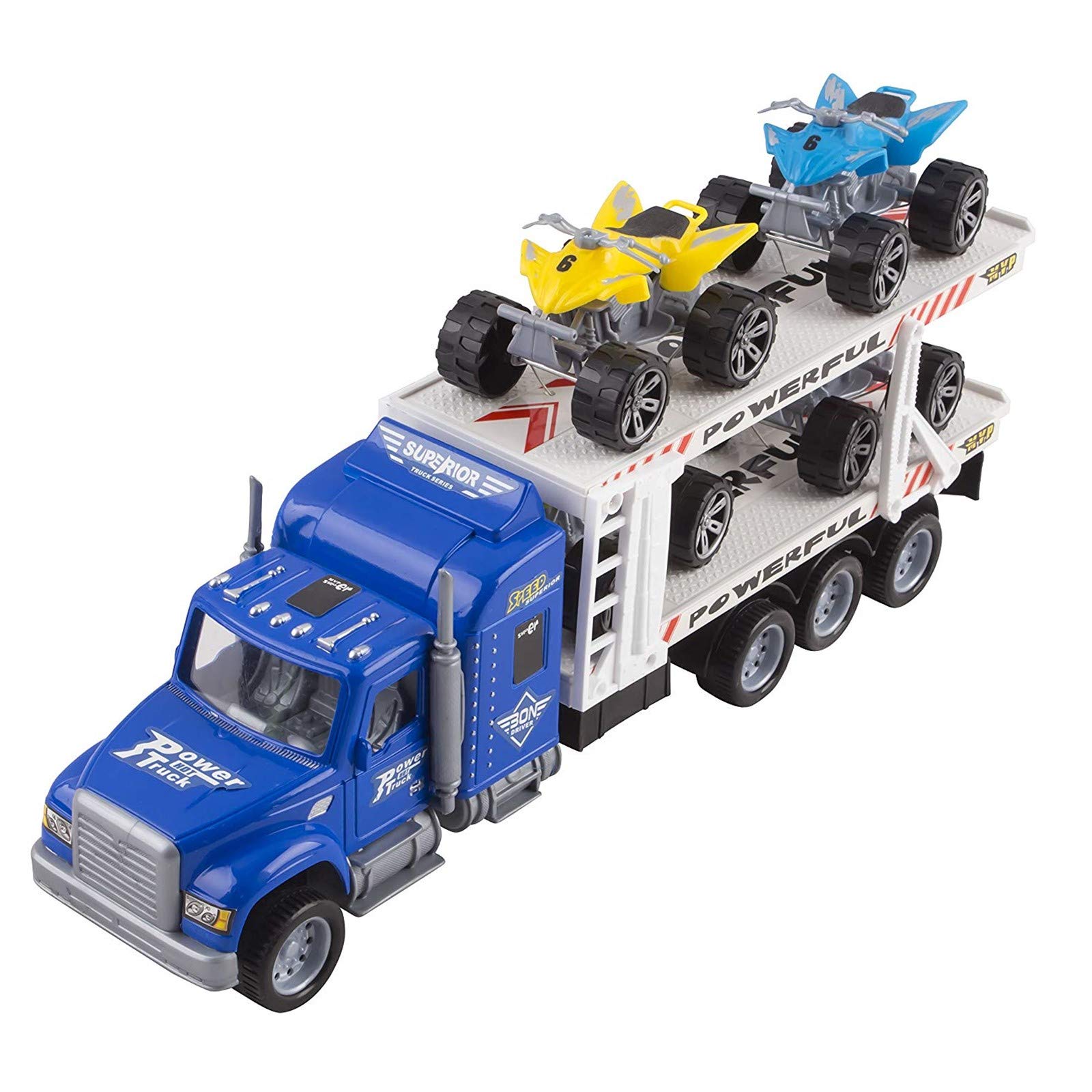 Vokodo Toy Semi Truck Trailer 15" Includes 4 ATVs Friction Carrier Hauler Kids Push And Go Big Rig Auto Transporter Vehicle Semi-Truck Car Pretend Play For Children Boys Girls Toddlers