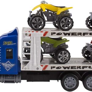 Vokodo Toy Semi Truck Trailer 15" Includes 4 ATVs Friction Carrier Hauler Kids Push And Go Big Rig Auto Transporter Vehicle Semi-Truck Car Pretend Play For Children Boys Girls Toddlers