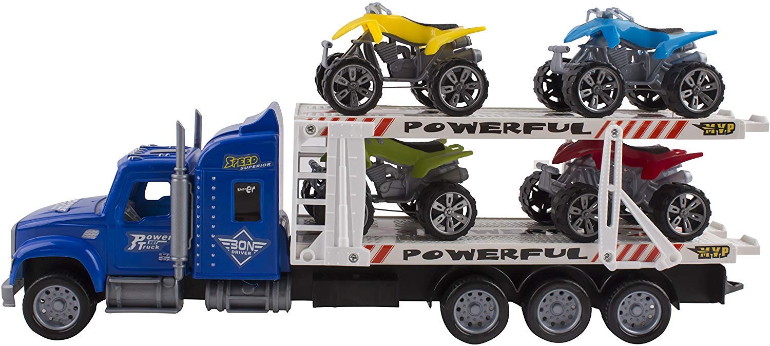 Vokodo Toy Semi Truck Trailer 15" Includes 4 ATVs Friction Carrier Hauler Kids Push And Go Big Rig Auto Transporter Vehicle Semi-Truck Car Pretend Play For Children Boys Girls Toddlers