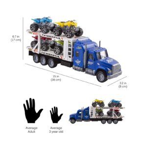 Vokodo Toy Semi Truck Trailer 15" Includes 4 ATVs Friction Carrier Hauler Kids Push And Go Big Rig Auto Transporter Vehicle Semi-Truck Car Pretend Play For Children Boys Girls Toddlers