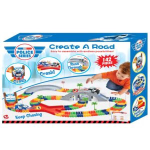 142 Pieces Police Patrol Chase Create a Road Super Snap Speedway - Magic Journey Flexible Track Set with LED Light Up Toy Cars