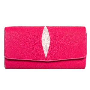 genuine stingray skin exotic leather zip clutch purse long snap wallet organizer (hot pink)