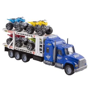 vokodo toy semi truck trailer 15" includes 4 atvs friction carrier hauler kids push and go big rig auto transporter vehicle semi-truck car pretend play for children boys girls toddlers