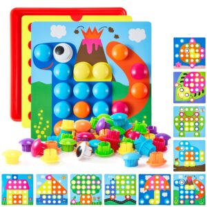 geekper 68pcs button art toys for toddlers color matching mosaic pegboard, early learning educational toys for 3, 4, 5, 6 year old kids boys and girls, 10 pictures and 58 buttons