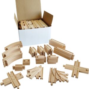 12 Wooden Train Cars, 1 Bonus Crane, 4 Connectors, Locomotive Tank Engines and Wagons for Toy Train Tracks, Compatible with Thomas Wood Toy Railroad Set