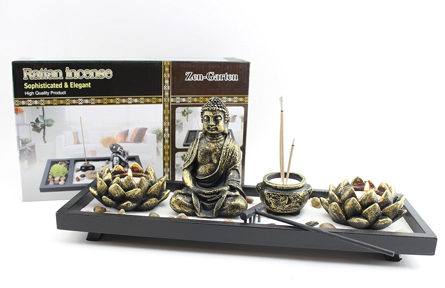 We pay your sales tax Feng Shui Tabletop Zen Garden Buddha Rock Rake Sand Candle Incense Burner Home Decor Gift (KT00034)