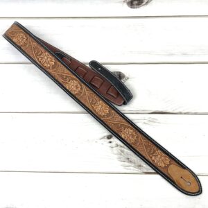 Walker & Williams LC-11 Handmade Super Premium Leather Guitar Strap with Hand Carved Live Oak Pattern And Peccary Backing For Acoustic, Electric, And Bass Guitars