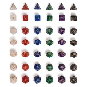 Yellow Mountain Imports 42 Polyhedral Dice, 6 Colors with Complete Set of D4, D6, D8, D10, D12, D20, and D% for Role Playing Games (RPG), DND, MTG, and Other Dice Games