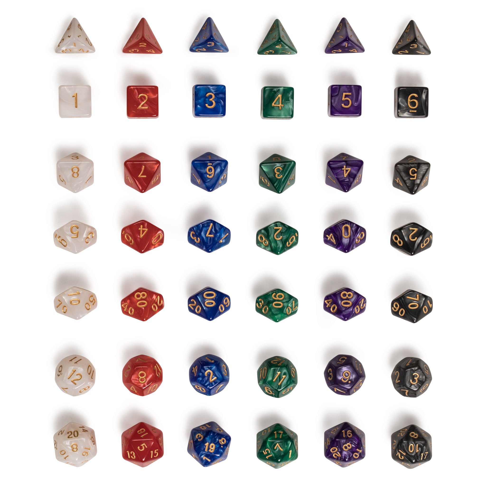 Yellow Mountain Imports 42 Polyhedral Dice, 6 Colors with Complete Set of D4, D6, D8, D10, D12, D20, and D% for Role Playing Games (RPG), DND, MTG, and Other Dice Games