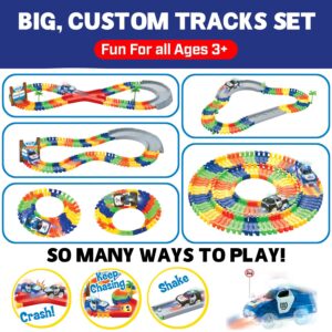 142 Pieces Police Patrol Chase Create a Road Super Snap Speedway - Magic Journey Flexible Track Set with LED Light Up Toy Cars