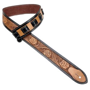 walker & williams lc-11 handmade super premium leather guitar strap with hand carved live oak pattern and peccary backing for acoustic, electric, and bass guitars