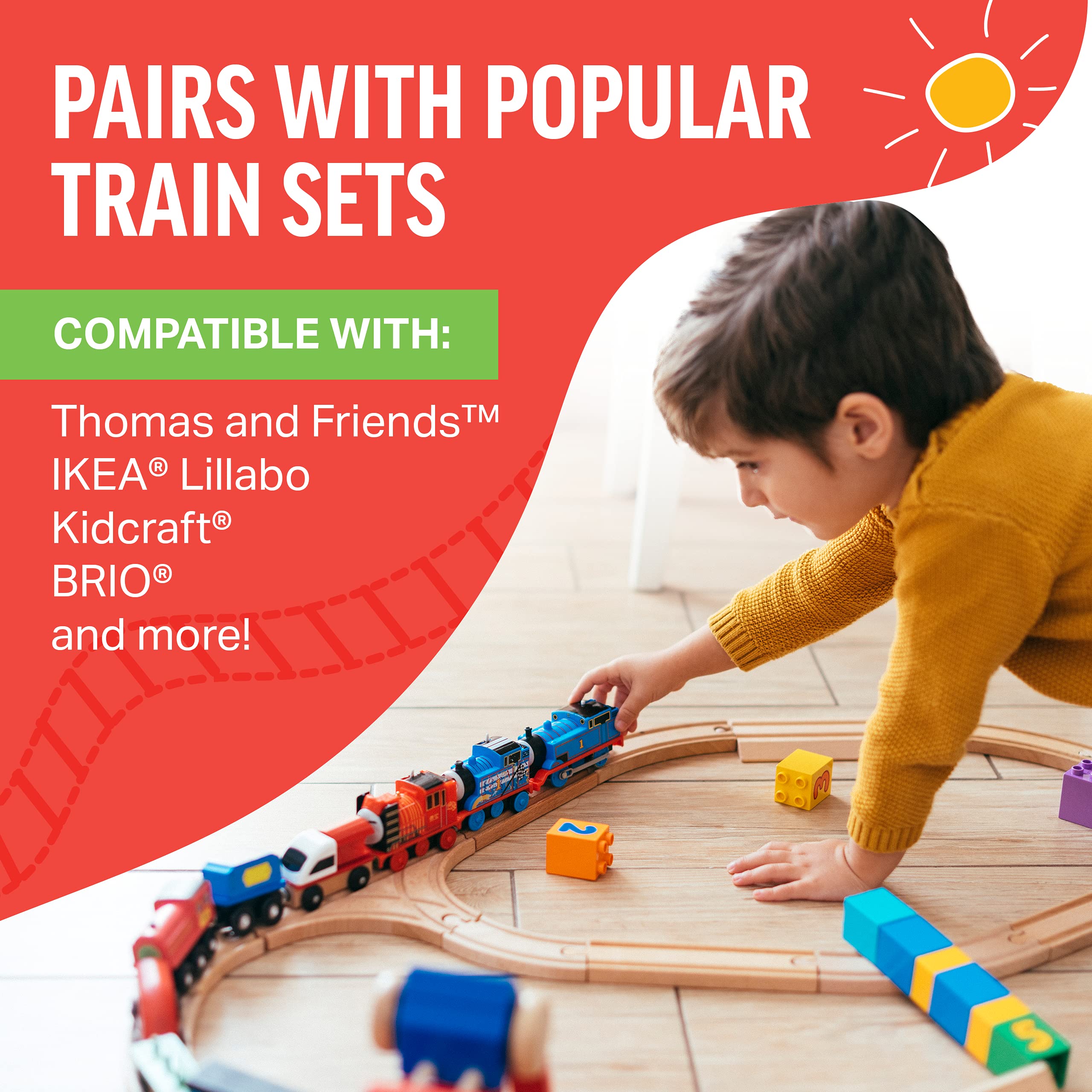 12 Wooden Train Cars, 1 Bonus Crane, 4 Connectors, Locomotive Tank Engines and Wagons for Toy Train Tracks, Compatible with Thomas Wood Toy Railroad Set