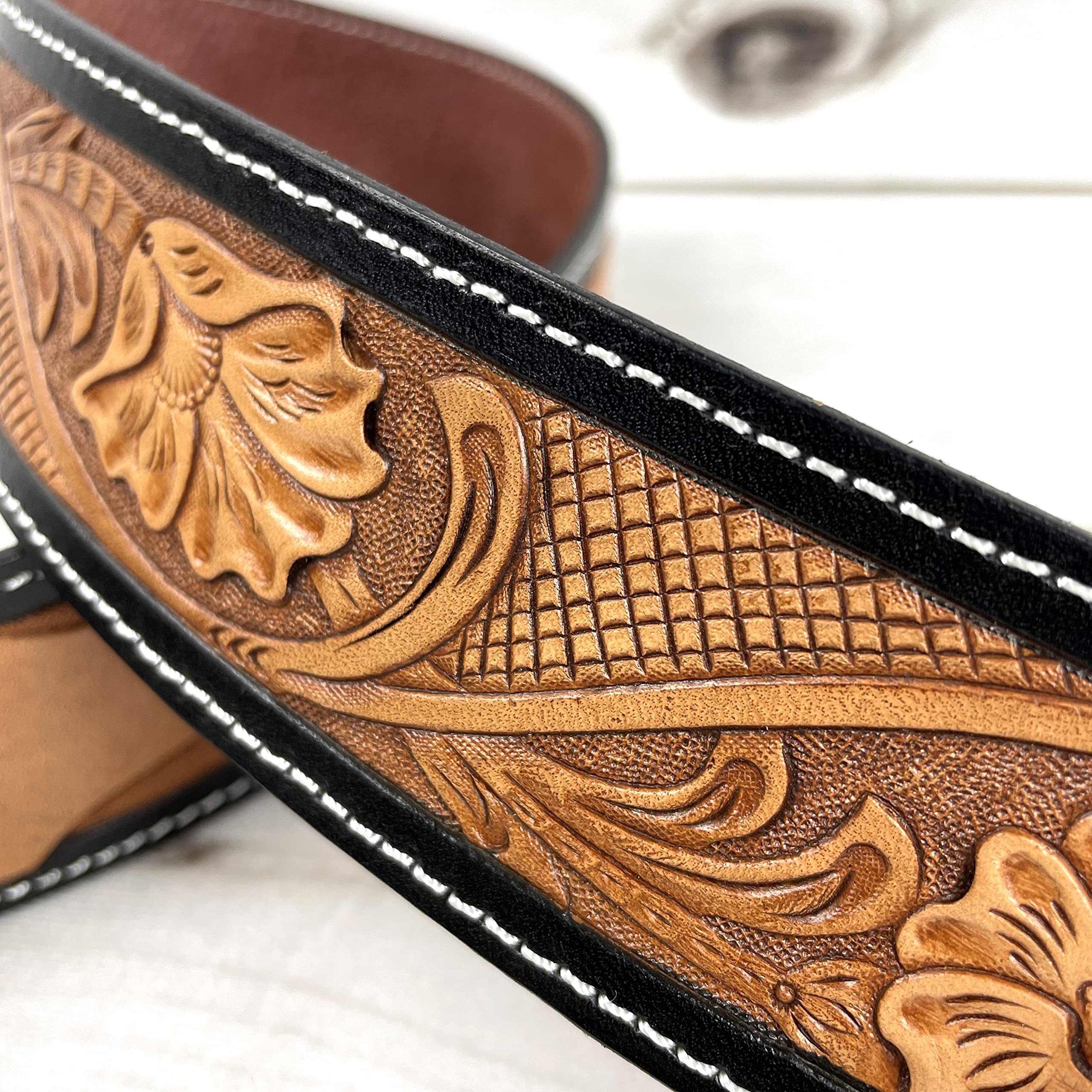 Walker & Williams LC-11 Handmade Super Premium Leather Guitar Strap with Hand Carved Live Oak Pattern And Peccary Backing For Acoustic, Electric, And Bass Guitars