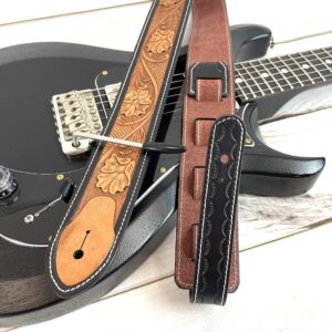 Walker & Williams LC-11 Handmade Super Premium Leather Guitar Strap with Hand Carved Live Oak Pattern And Peccary Backing For Acoustic, Electric, And Bass Guitars