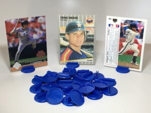 baseball card stand holder for trading cards, place cards, business cards, football cards, basketball cards, hockey cards, and board game cards: display 30 cards with blue round card stands