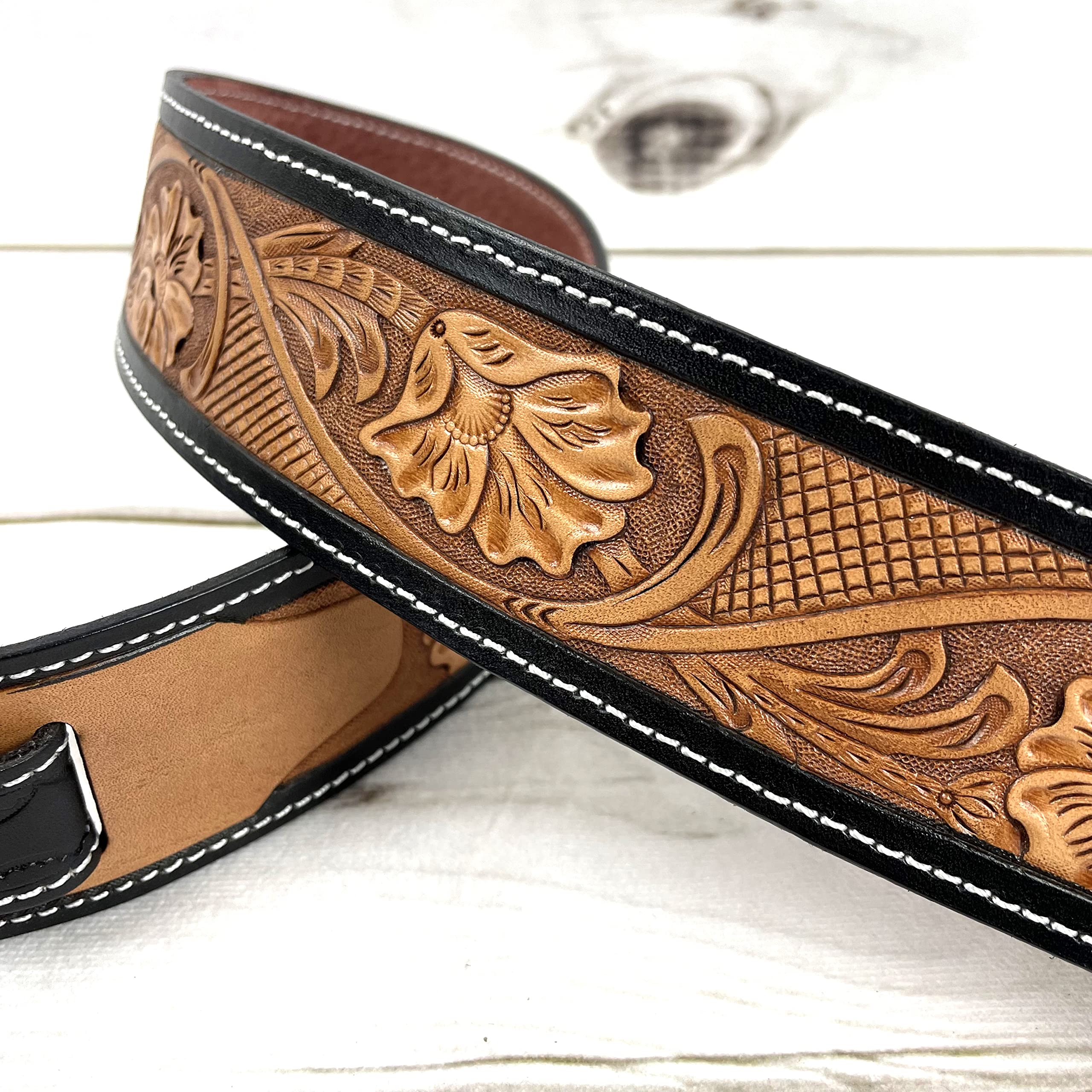 Walker & Williams LC-11 Handmade Super Premium Leather Guitar Strap with Hand Carved Live Oak Pattern And Peccary Backing For Acoustic, Electric, And Bass Guitars