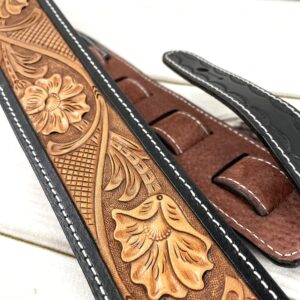 Walker & Williams LC-11 Handmade Super Premium Leather Guitar Strap with Hand Carved Live Oak Pattern And Peccary Backing For Acoustic, Electric, And Bass Guitars