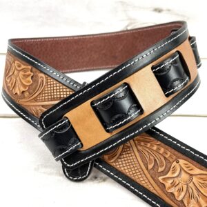 Walker & Williams LC-11 Handmade Super Premium Leather Guitar Strap with Hand Carved Live Oak Pattern And Peccary Backing For Acoustic, Electric, And Bass Guitars