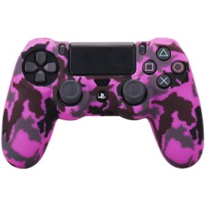 YoRHa Water Transfer Printing Camouflage Silicone Cover Skin Case for Sony PS4/slim/Pro Dualshock 4 Controller x 2(Green+Dark Pink) with Pro Thumb Grips x 8