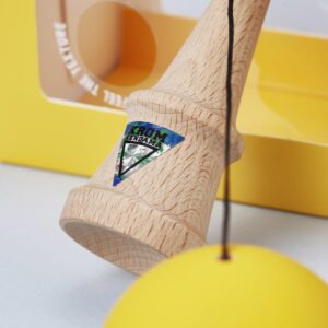 KROM - Kendama Toy POP Yellow - High Wood Quality - Extra Strong - for Beginner and Pro - Gift Pack : Extra String + Stickers