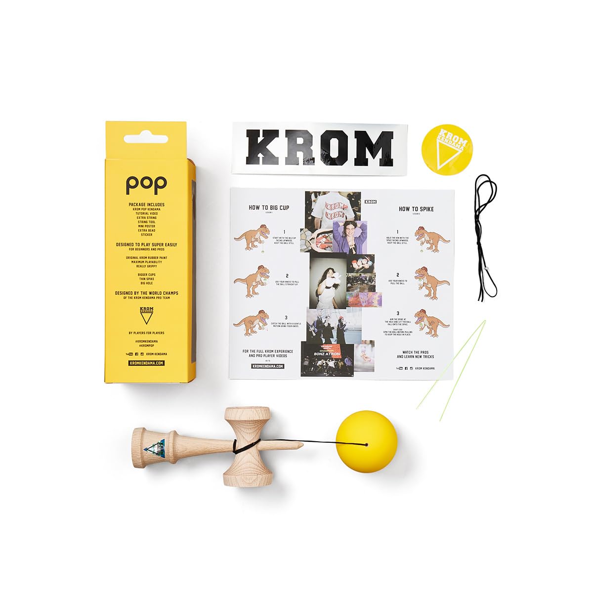 KROM - Kendama Toy POP Yellow - High Wood Quality - Extra Strong - for Beginner and Pro - Gift Pack : Extra String + Stickers