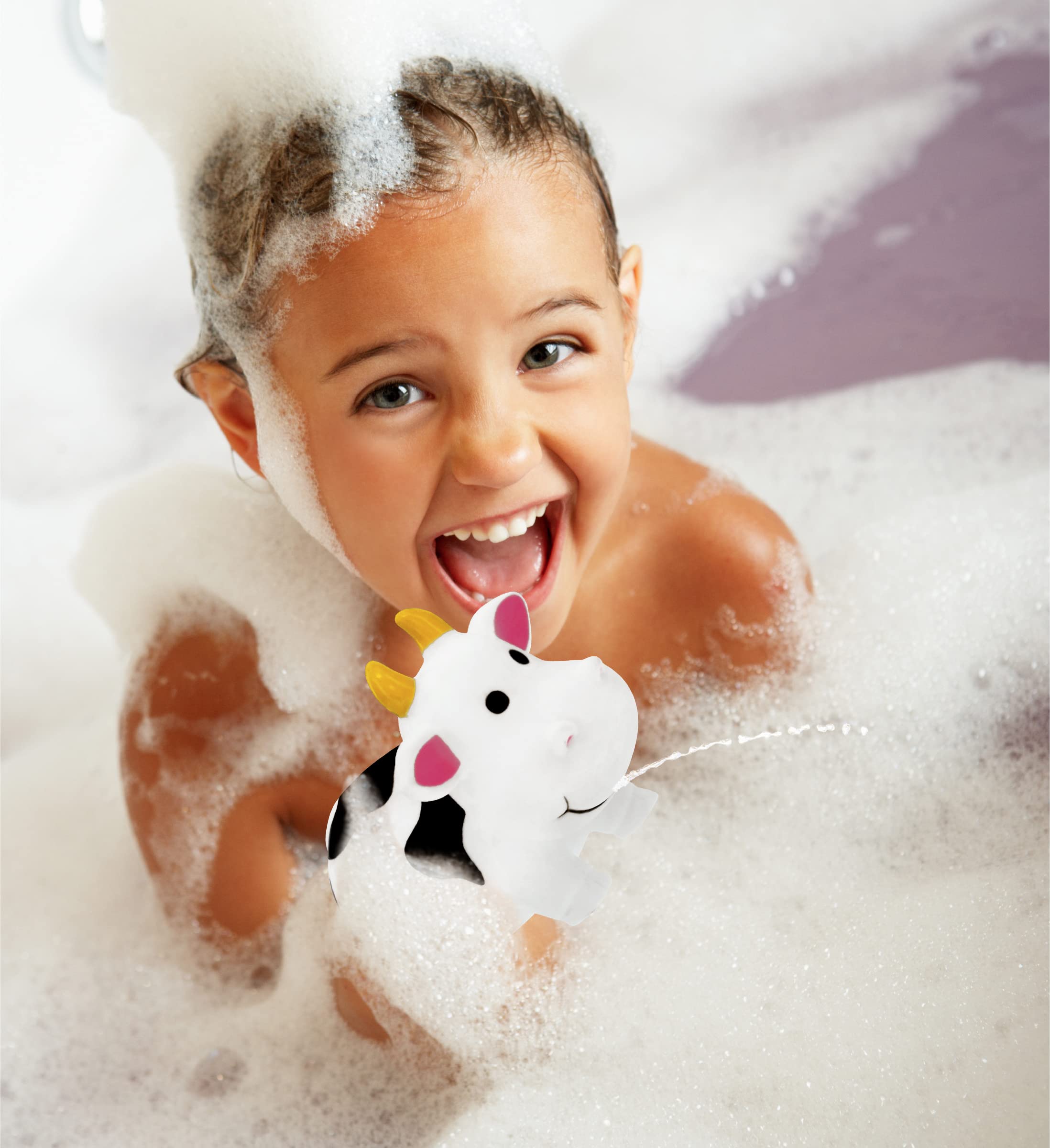 DolliBu Cow Bath Water Squirter Toy - Floating White Rubber Bath Toy, Cool Animal Squirting Bathtime Play Water Toy for Toddlers, Cute Farm Animal Bath Toys for Bathtub and Pool for Girls and Boys