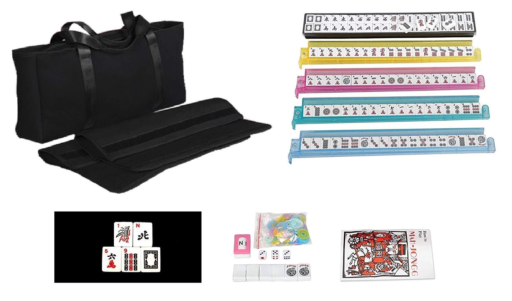 C&H Solutions 166 Tiles American Mahjong Set Black Soft Bag 4 Color Pushers/Racks Easy Carry Western Mahjongg