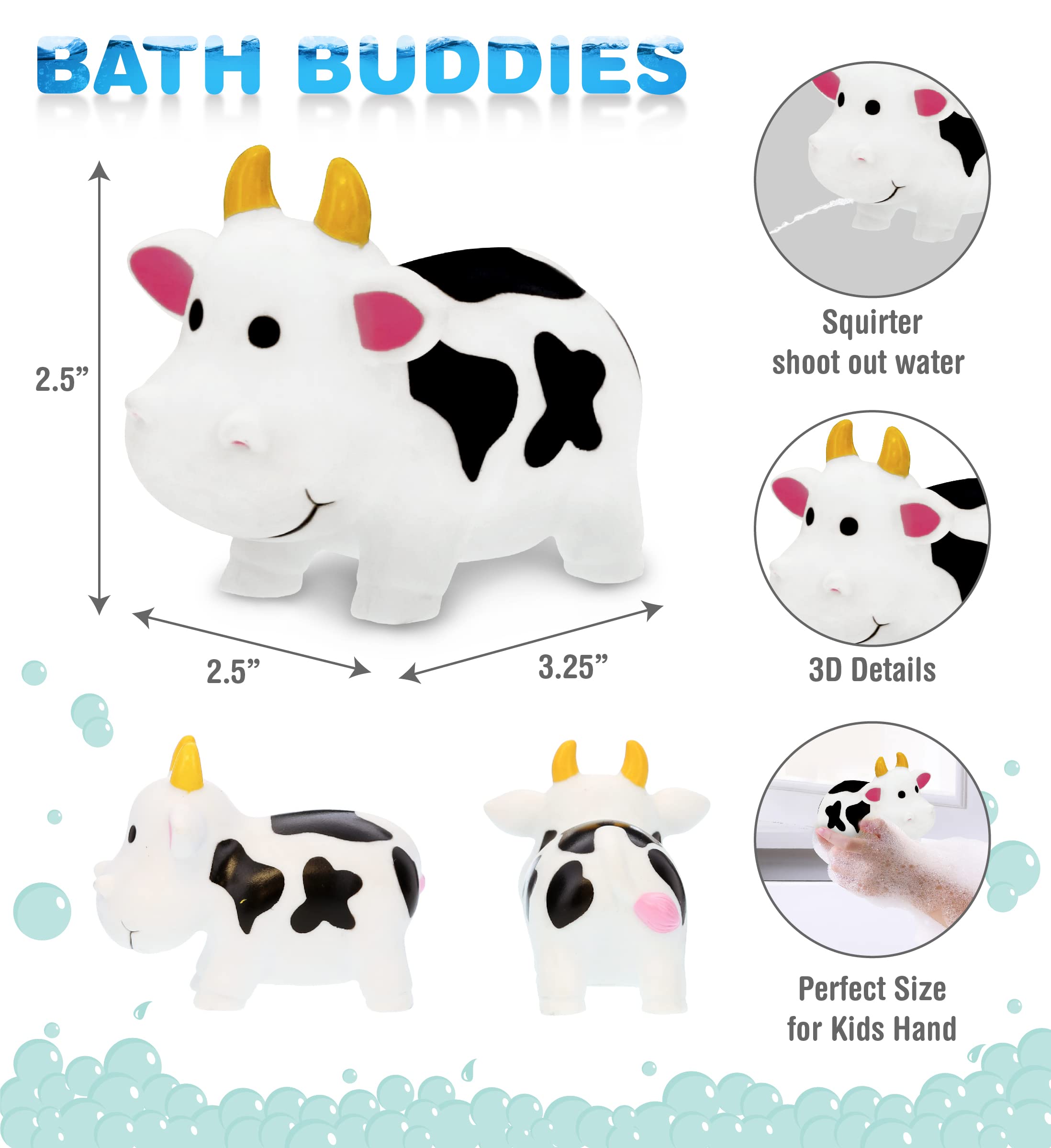 DolliBu Cow Bath Water Squirter Toy - Floating White Rubber Bath Toy, Cool Animal Squirting Bathtime Play Water Toy for Toddlers, Cute Farm Animal Bath Toys for Bathtub and Pool for Girls and Boys