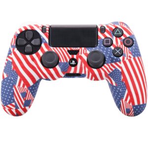 YoRHa Water Transfer Printing Camouflage Silicone Cover Skin Case for Sony PS4/slim/Pro Dualshock 4 Controller x 2(US Flag+US Dollar) with Pro Thumb Grips x 8