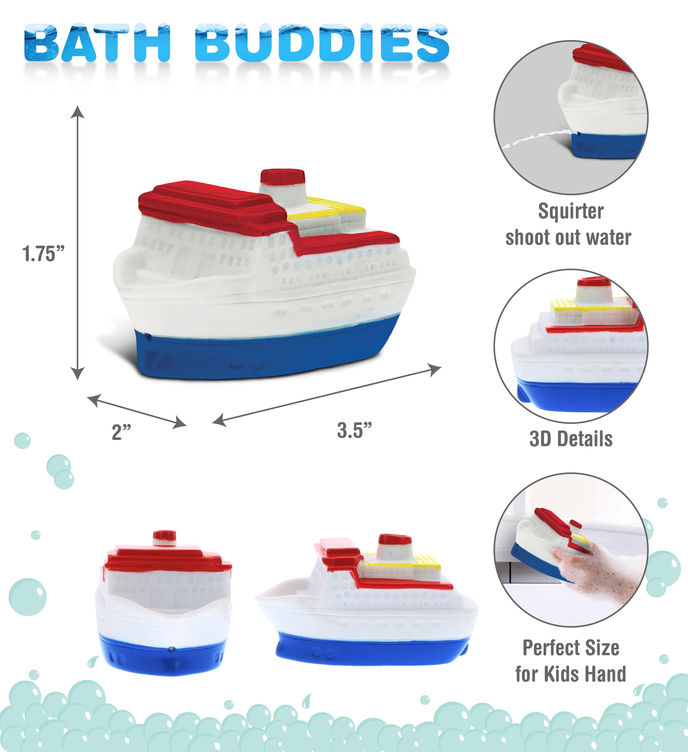 DolliBu Cruise Ship Bath Buddy Squirter - Floating Ship Rubber Bath Toy, Fun Water Squirting Bathtime Play for Toddlers, Cute Watercraft Vehicle Toy for The Bathtub, Beach, & Pool for Girls & Boys