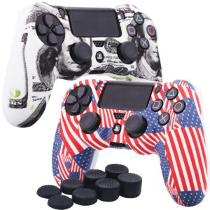 yorha water transfer printing camouflage silicone cover skin case for sony ps4/slim/pro dualshock 4 controller x 2(us flag+us dollar) with pro thumb grips x 8