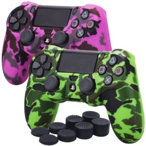 yorha water transfer printing camouflage silicone cover skin case for sony ps4/slim/pro dualshock 4 controller x 2(green+dark pink) with pro thumb grips x 8