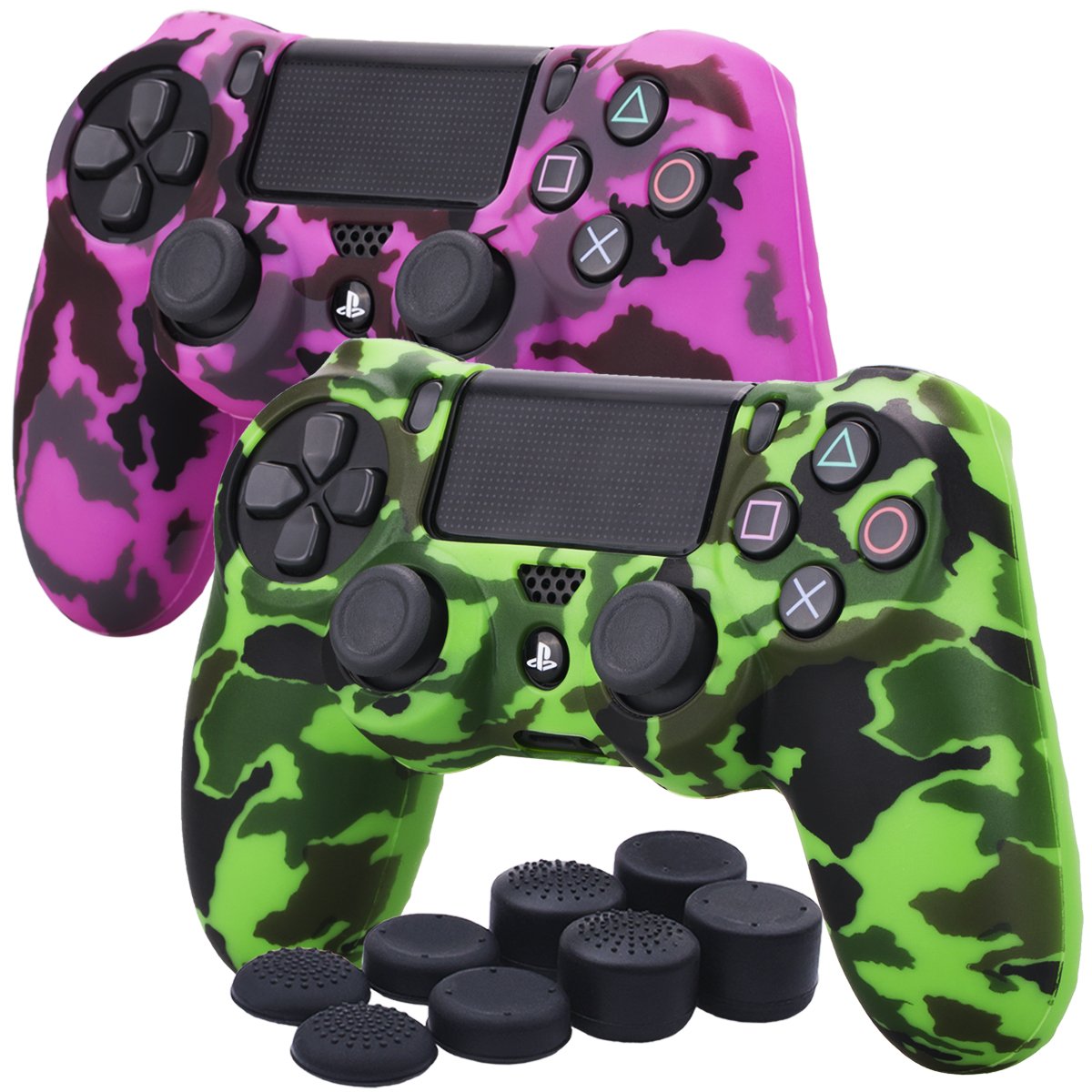 YoRHa Water Transfer Printing Camouflage Silicone Cover Skin Case for Sony PS4/slim/Pro Dualshock 4 Controller x 2(Green+Dark Pink) with Pro Thumb Grips x 8