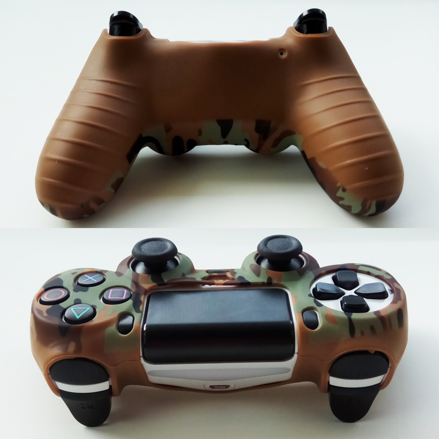 Hikfly Silicone Gel Controller Cover Skin Protector Compatible for Sony PlayStation 4 PS4/PS4 Slim/PS4 Pro Controller (2X Controller Cover with 8 x FPS Pro Thumb Grip Caps)(Brown,White)